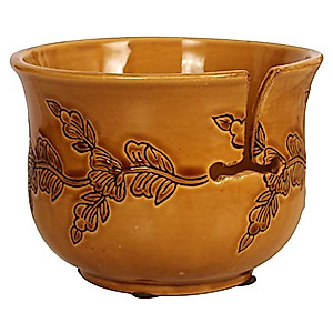 ABHANDICRAFTS Knitting Yarn Ball Storage Bowl Yellow Color Ceramic Yarn Bowl for Knitting and Crocheting with Hand Carved Floral Design