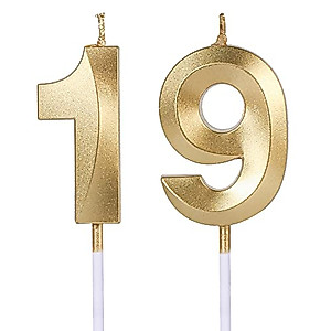 Gold 19th & 91st Birthday Candles for Cakes, Number 19 91 Candle Cake Topper for Party Anniversary Wedding Celebration Decoration