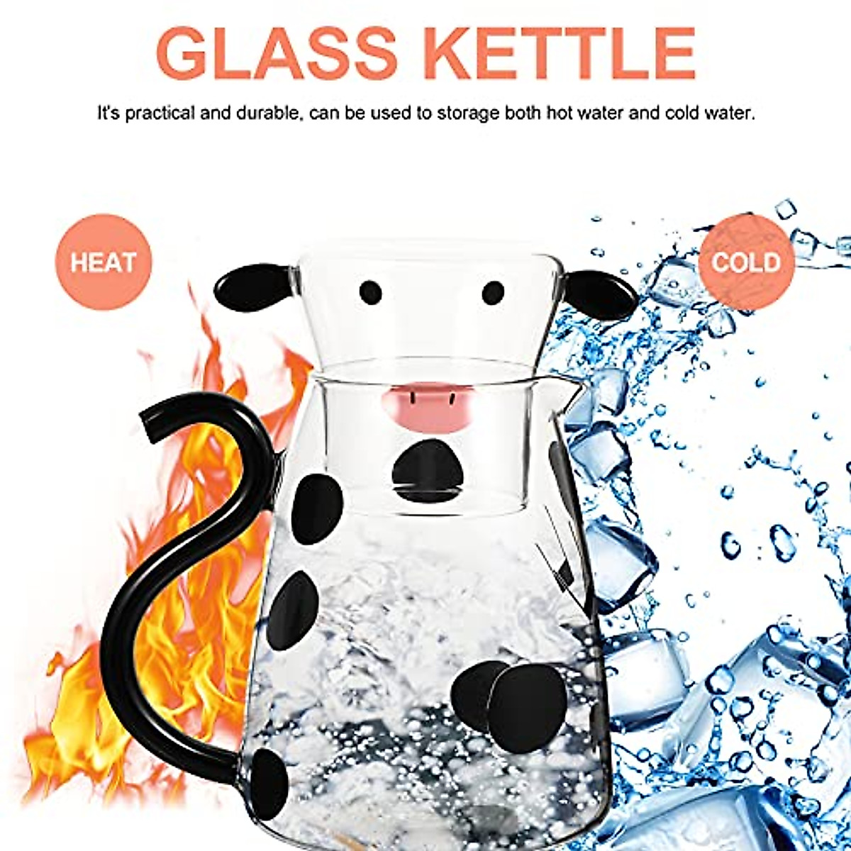 1 Set Glass Carafe Pitcher with Glass Mug Cute Cow Glass Tea Pitcher Kettle Milk Jug Night Water Carafe for Midnight Drink Home Office Hotel 550ml