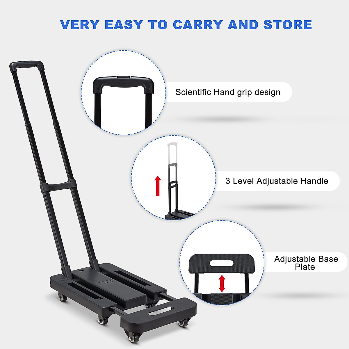 Outspurge Folding Hand Truck Dolly 600LB ，Portable Dolly for Heavy Duty Moving Luggage Carts with 6 Wheels Dolly with Handle 2 Elastic Rope for Travel, Moving, Shopping,Office Use