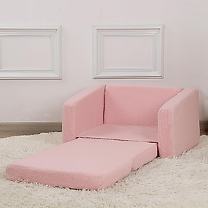 Flip Out Foam Kid Sofa Chair,2 in 1 Convertible Sofa to Lounger for Childrens up to 3 Years,Sherpa Flip Open Toddler Sofa Couch for Kid Play， for Baby Gifts (22.04" W) (Pink)