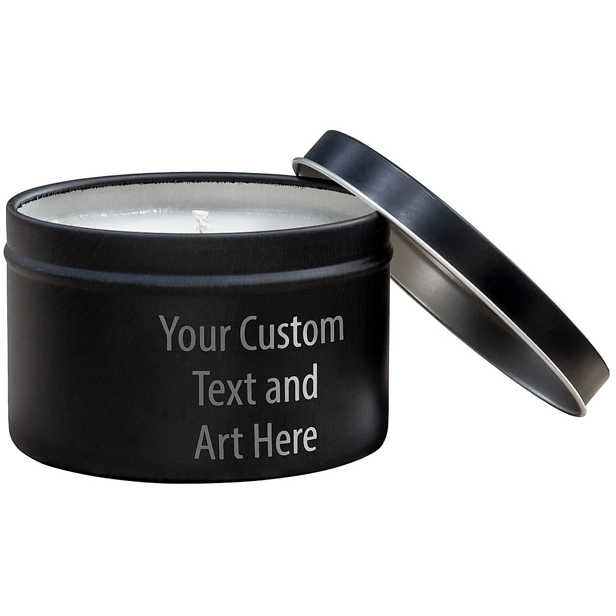 Personalized 8-oz Soy Candle in Black Metal Tin - Include Your Custom Text and Artwork - Select from a Variety of Scents - Engraved with Silver Lettering and Art (Fresh Pine)