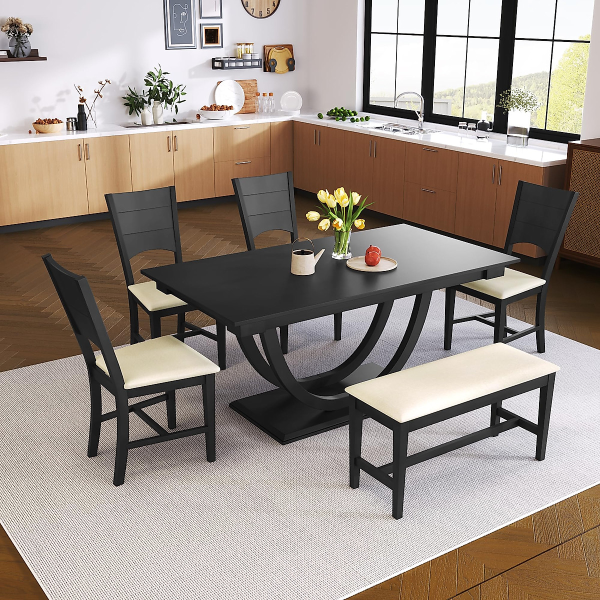 6 Pieces Wood Dining Table Set with Bench, Kitchen Table Set with Half Round Legs, Long Bench and 4 Dining Chairs, Modern Style Dining Room Set for 6 Persons, Gray+Beige