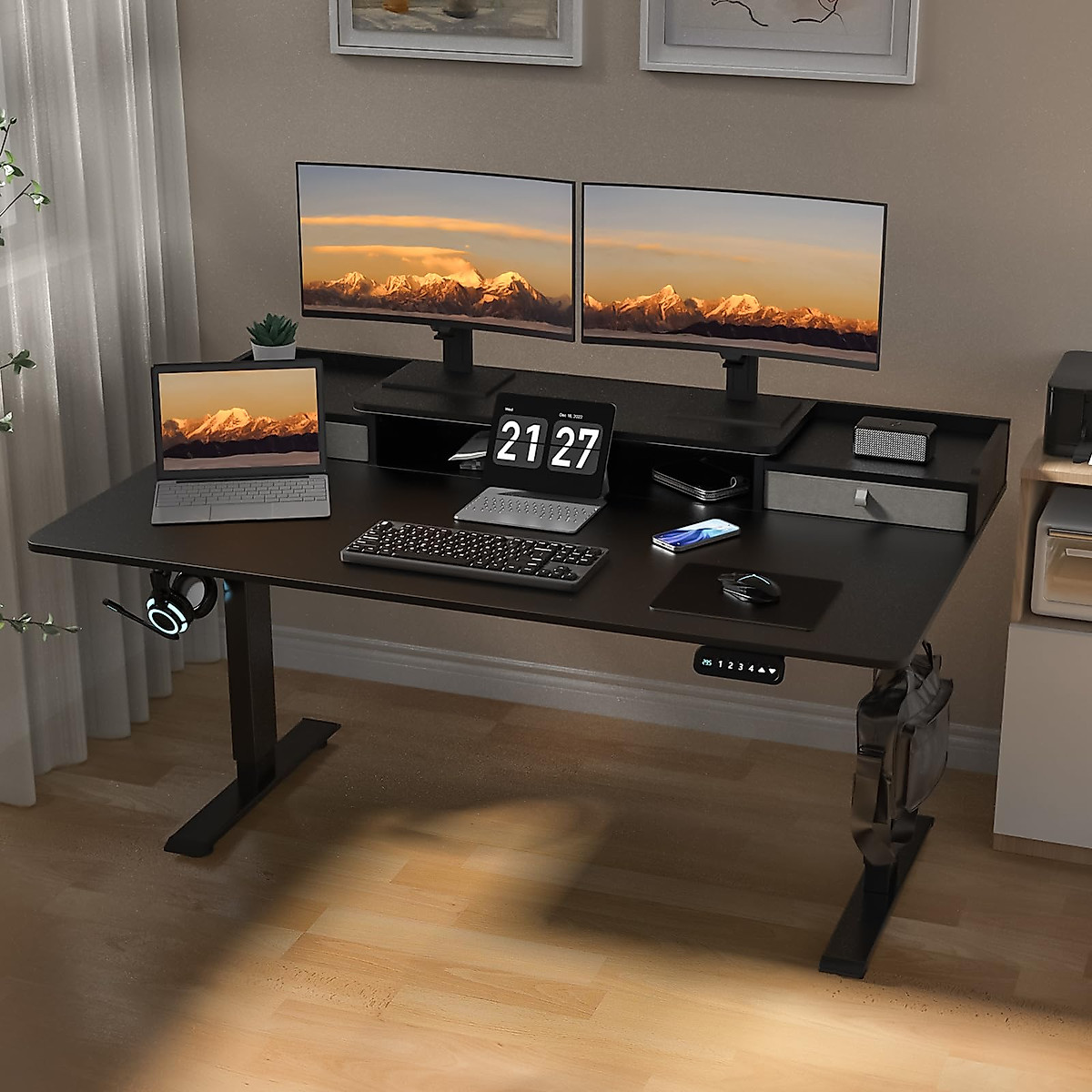 ExaDesk 63×30 Inch Electric Standing Desk with 2 Drawers, Adjustable Height Widened Stand Up Desk with Storage Shelf, Sit to Stand Ergonomic Workstation for Home Office