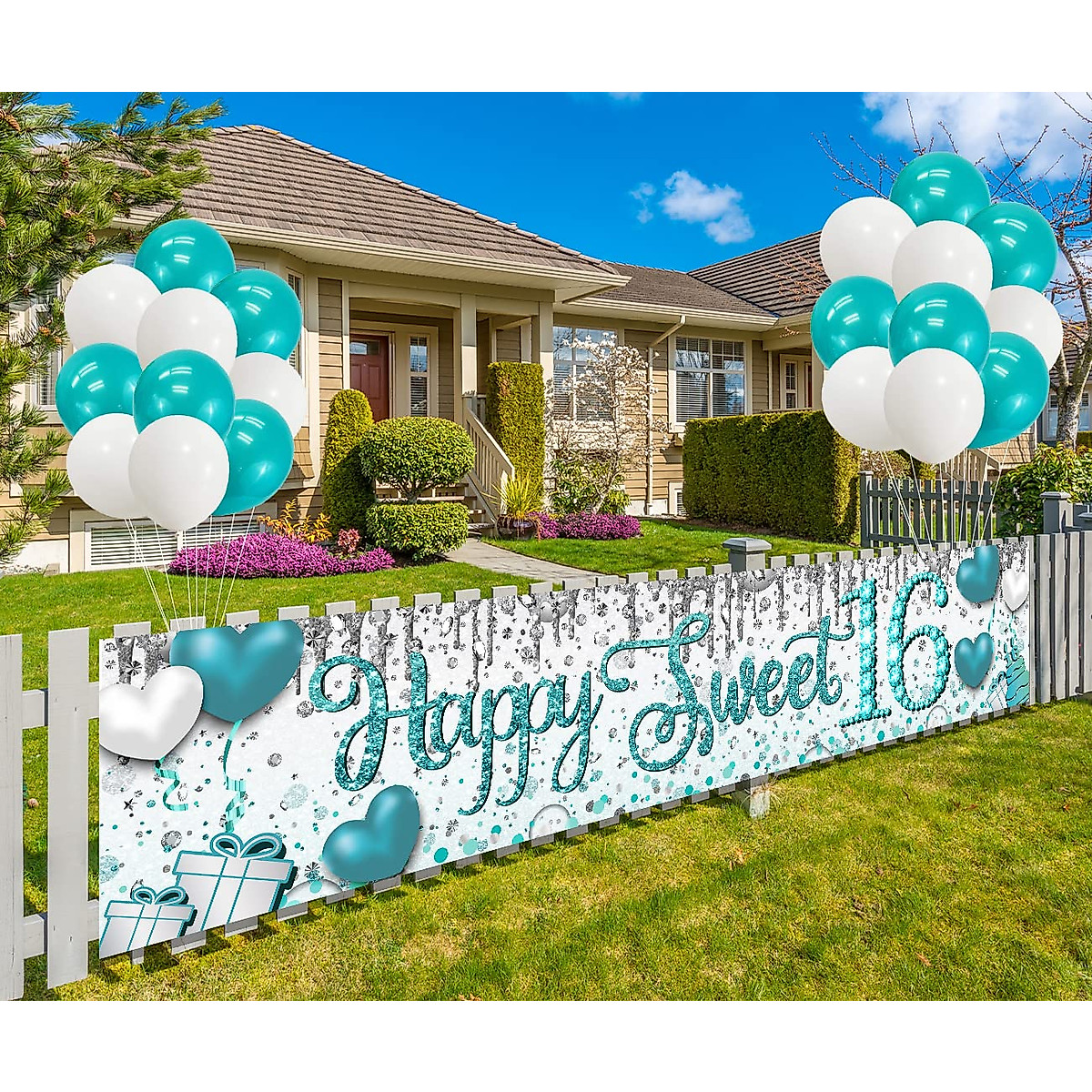 Sweet 16 Party Decorations Teal 16th Birthday Decorations Happy Sweet 16 Banner Teal White Balloons Larger Yard Sign Banner Outdoor Lawn Birthday Party Supplies