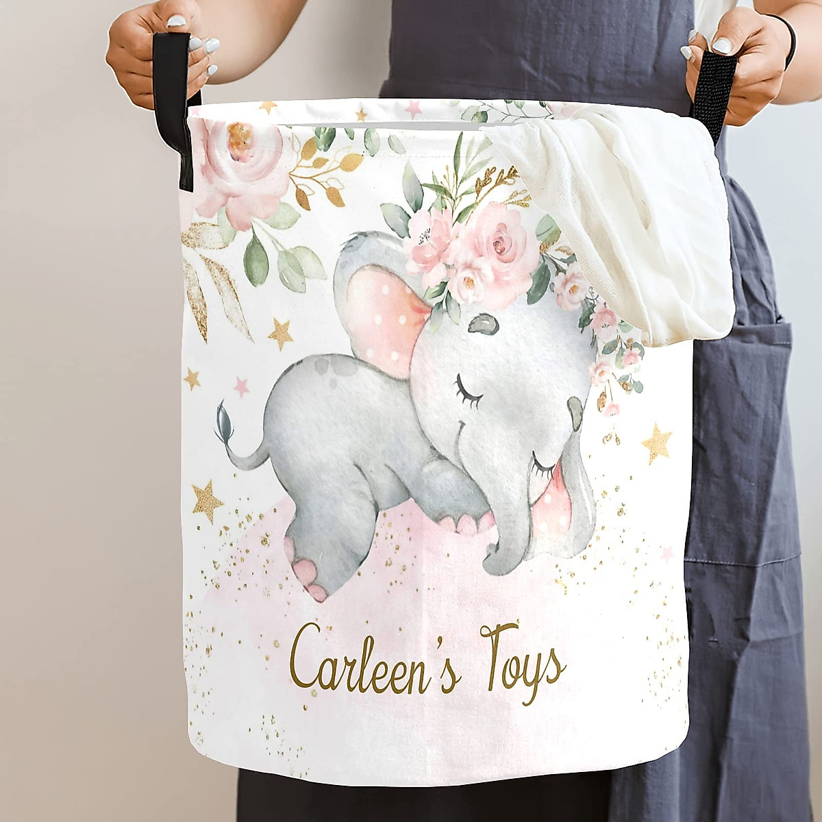 Personalized Laundry Basket, Pink Floral Elephant Custom Storage Bins Laundry Hamper with Name Collapsible Toys Organizer