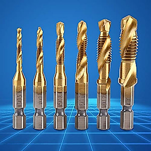 6pcs HSS Tap Drill Bit Set, 2 in 1 Speed Steel Metric Thread, M3 M4 M5 M6 M8 M10 Coated HSS Drill and Tap Bits,HSS Metric Hex Shank Screw Taps Tool Set