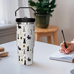 30oz Easter Tumbler with Handle and Straw, Black Rabbits Insulated Tumbler, Leak Proof Travel Coffee Mug, Reusable Stainless Steel Easter Egg Tumbler, Easter Gifts for Women (black white)