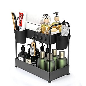 VIGIND Under Sink Organizer,Multi-purpose Under Sink Shelf Organizer for Bathroom Kitchen,2 Tier Kitchen Countertop Organizer with 6 Hooks 2 Hanging Cups 2 Handles and Anti-Foot,Save Space,Black