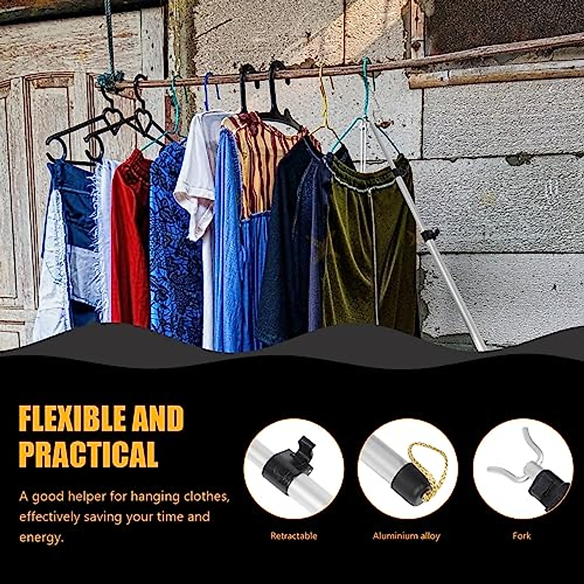 Clothes Line Retractable Pole with Hook and Handle Reach Stick Closet Pole Telescoping Pole for Clothes Shutter Closet Curtain Shelf Ceiling Retractable Clothesline Indoor