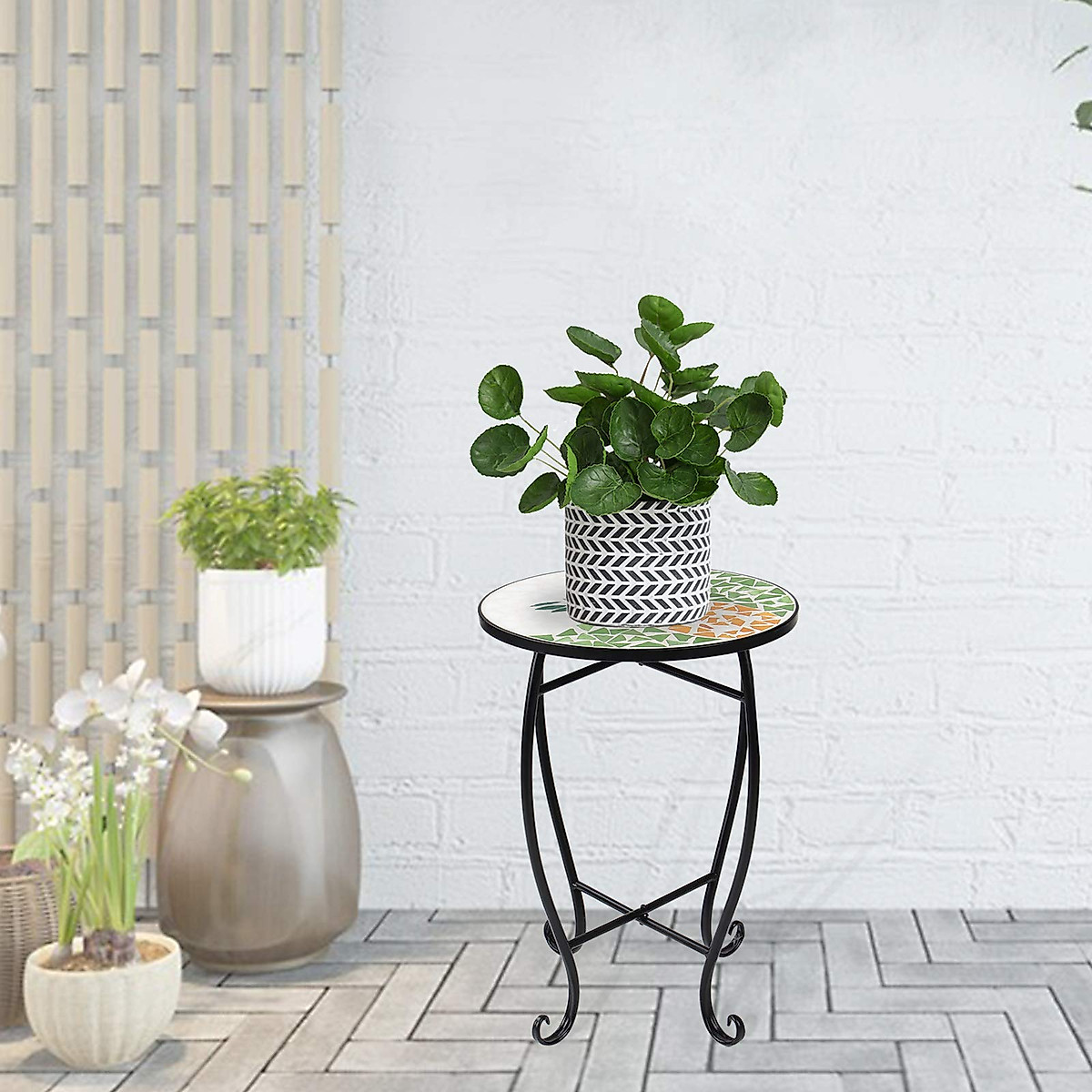 display4top Mosaic Round Outdoor Accent Table,Plant Flower Stand,Round Side Table (Yellow)