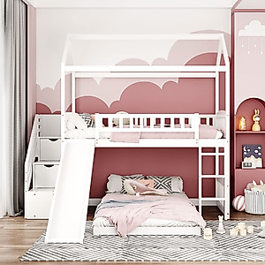 Twin Over Twin Bunk Bed with Slide, House Bunk Bed with Storage Stairs, Wooden Floor Bunk Bed with Roof and Security Guardrails, L Shaped House Bunk Bed for Kids Teens Boys Girls,White