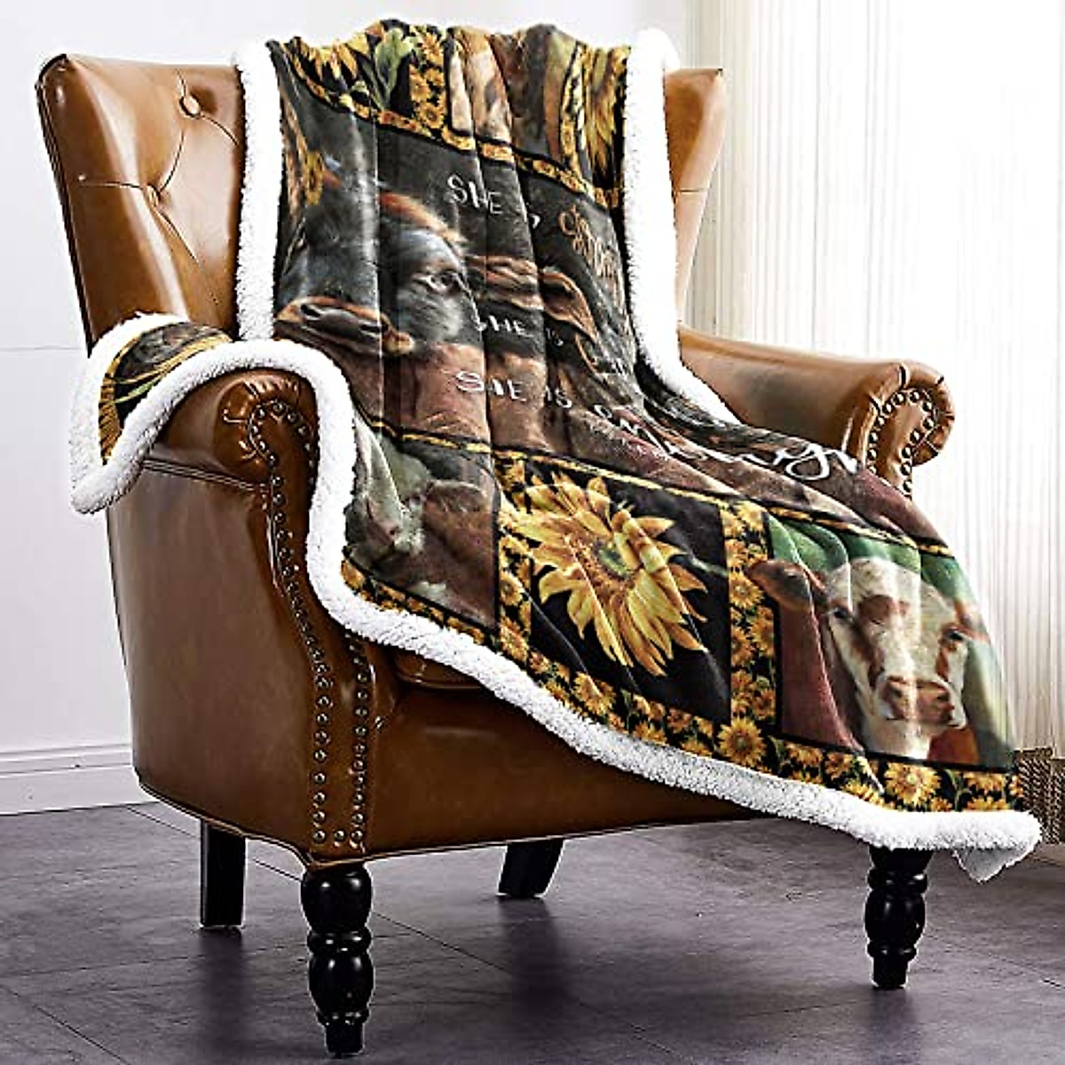 Cow Sunflower Print Sherpa Throw Blanket Yellow Flower Fleece Blankets Gift for Women Wife or Girlfriend Super Soft and Warm Sofa Bedding Blankets 60"X80"