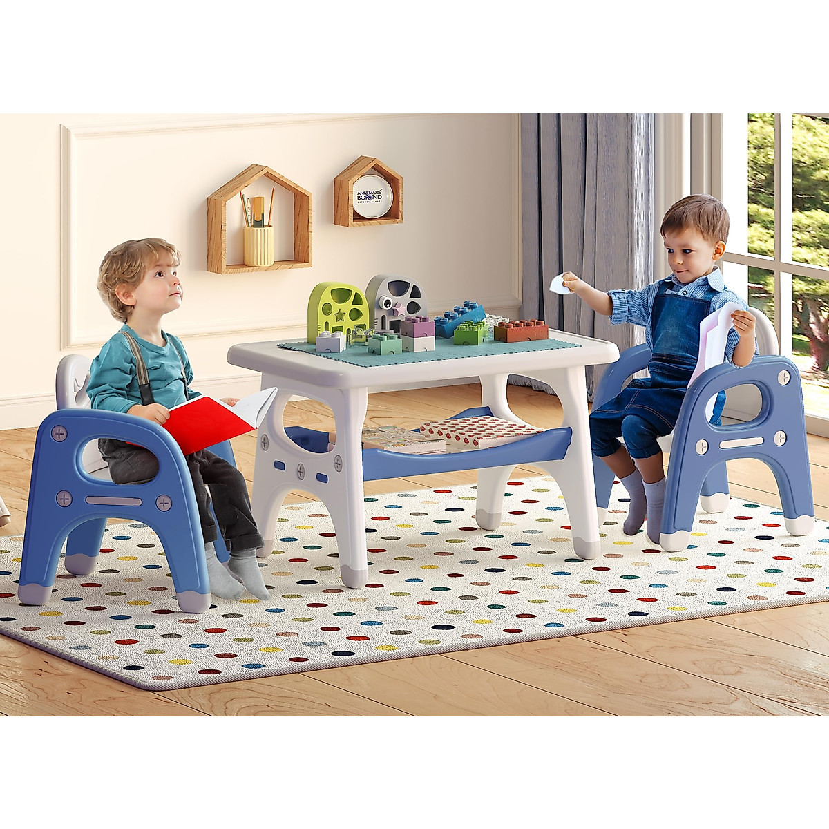Toddler Table and Chair Set, Kids Table and Chairs with Storage Space and 2 Chairs, Toddler Chair and Table Set for 1-6, Toddler Table and Chairs for Playroom, Bedroom, Kindergarten, Nursery (Blue)