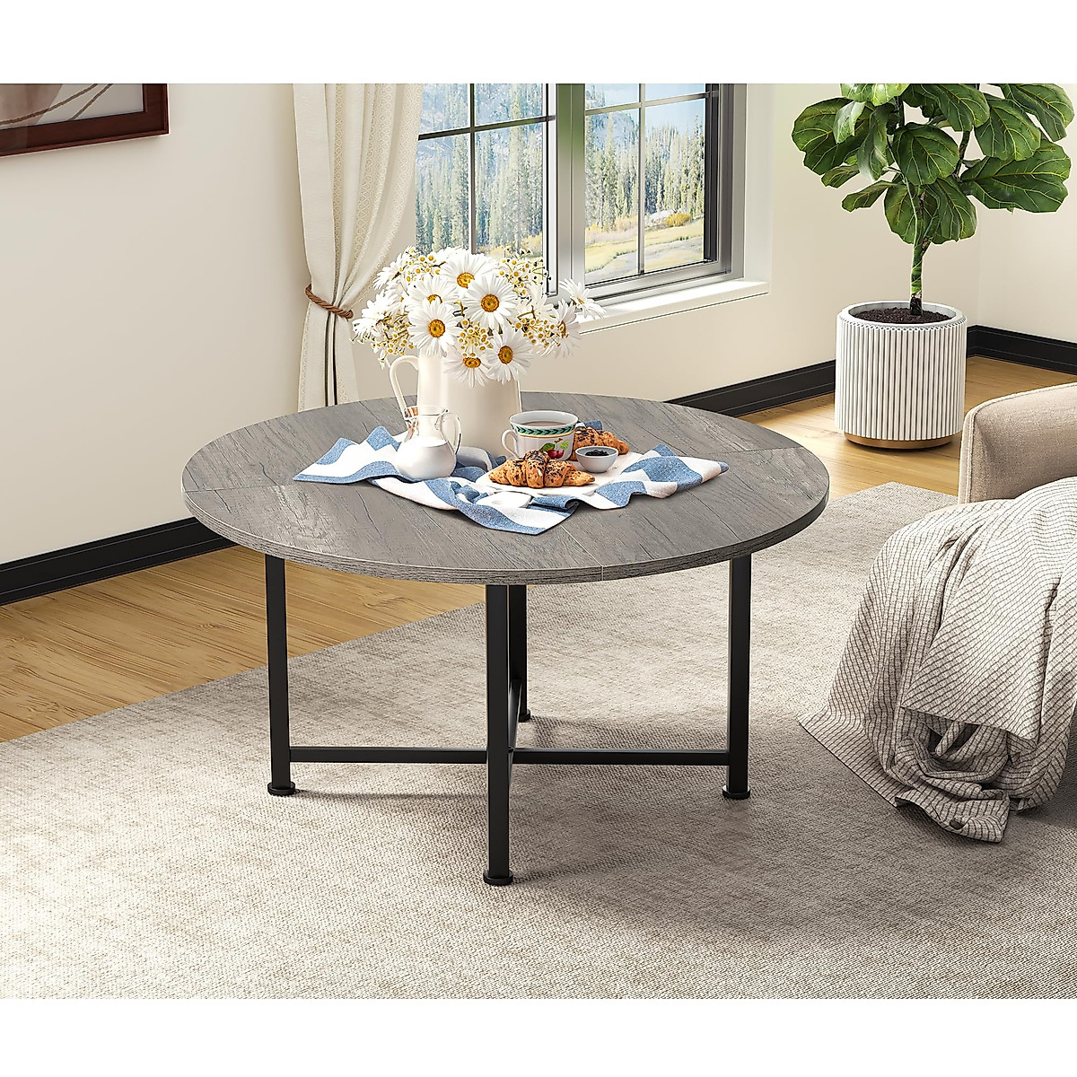 SENIG Round Coffee Table, 2-Tier Coffee Table with Storage Shelf for Living Room, Center Table for Small Spaces, White Oak