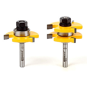 YONICO Tongue and Groove Router Bits Set Up to 3/4-Inch Stock 1/2" Cutting Depth 2 Bit Set 1/4-Inch Shank for Edge-to-Edge Hardwood Flooring, Paneling, Cabinet Door, Plywood Sheathing 15221q