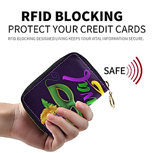Mardi Gras Carnival Calligraphy Face Mask Purple Green on BlackGrey Credit Card Coin wallet, RFID Blocking Compact Women Leather Card Holder, Key Change Organizer, Zipper Purse Clutch Pouch