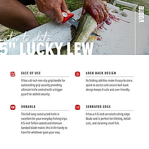 BUBBA 5 Inch Lucky Lew Folding Compact Fillet Knife with Non-Slip Grip Handle, Stainless Steel Blade, Lanyard Hole and Synthetic Carry Case for Gutting, Fishing and Hunting