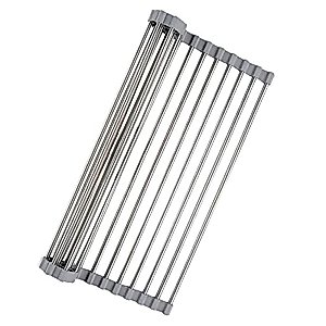 HIGEEK Roll Up Dish Drying Rack Over The Sink Dish Rack Kitchen Rolling Dish Drainer Over Sink, Foldable Sink Rack Mat Stainless Steel Wire Dish Drying Rack for Kitchen Sink Counter (17.5''x11.8'')