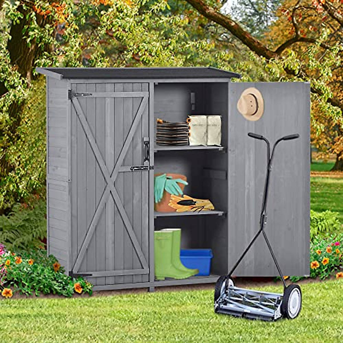 LUMISOL Outdoor Storage Cabinet, Wooden Garden Shed with Removable Shelves, Waterproof Asphalt Roof, Adjustable Legs, Tool Shed with Lockable Doors for Backyard, Patio, Lawn (Gray)