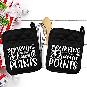 Set of 2 Black - Trying to Earn Brownie Points - Pot Holder - Oven Mitt - Hot Pad - Polyester & Neoprene White Elephant - 9" x 7" - NEO011BLKDBL