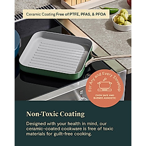 Caraway Square Grill Pan - 11” Grill Pan - Non-Stick Ceramic Coated - Non Toxic, PTFE & PFOA Free - Oven Safe & Compatible with All Stovetops - Gray