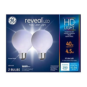 GE Lighting 31887 LED Reveal Globe Light Bulbs, G25, Frosted Pure White, 290 Lumens, 4.5-Watts, 2-Pk. - Quantity 1