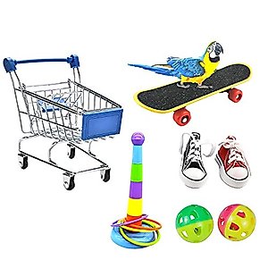 Parrot Toys 7PCS, Mini Shopping Cart - Training Rings - Skateboard, Shoes and Ball - Parrot Standing Training Toys Parrot Intelligence Toy for Budgie Parakeet Cockatiel Bird Toy Part (Color Random)
