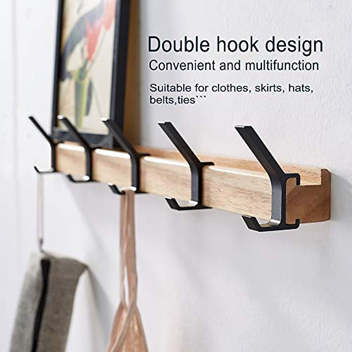 KooNiosio Coat Hook Rack Wall Mounted Coat Rack-5 Double Hook,Aluminum,Metal Coat Hook Rail for Coat Hat Towel Robes, Wooden Coat Hooks (Black)