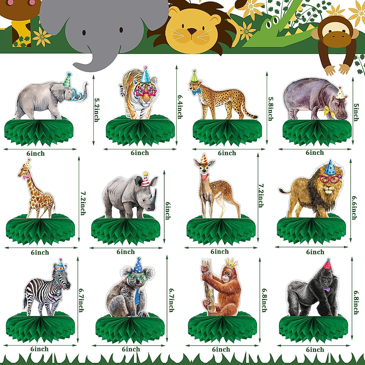 Yeaqee 12 Pcs Jungle Animals Honeycomb Centerpieces Safari Jungle Themed Birthday Party Supplies Wild Animals Jungle Party Decorations Baby Shower Table Decorations for Boys Girls (Fresh Style)