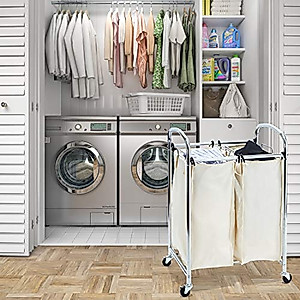 Seville Classics Laundry Hamper Sorter Cart Mobile Premium 2-Bag Compact, Canvas