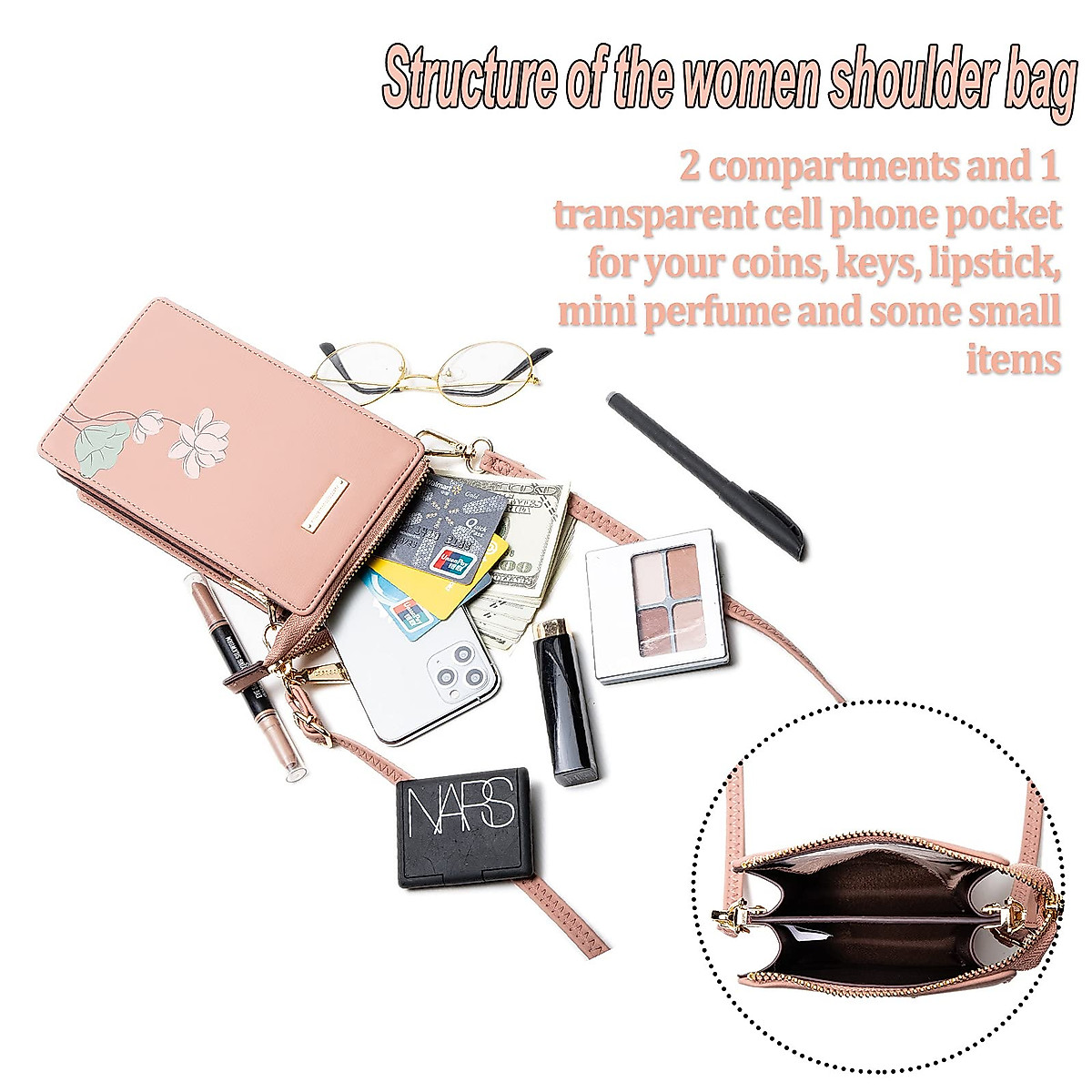 Touchscreen Phone Crossbody Bag for Women Cell Phone Purse Wallet Crossbody with Credit Card Slots for iPhone 13/13Pro etc. (Black)