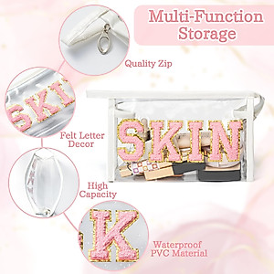 AsodSway Preppy Patch SKIN Cosmetic Case Varsity Letter Toiletry Bag Summer Beach Pool Aesthetic Waterproof Clear PVC Multi-Function Zippered Pouch Women Travel Party Girls Party Pen Pouch Gifts