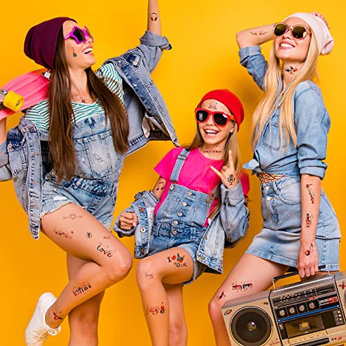 Konsait Music Notes Temporary Tattoos Creative Tattoos Stickers Red and Blue Music Notes Guitar Piano Music Feathers Fake Tattoos for Music Party Birthday Gift for Adults Music Favor