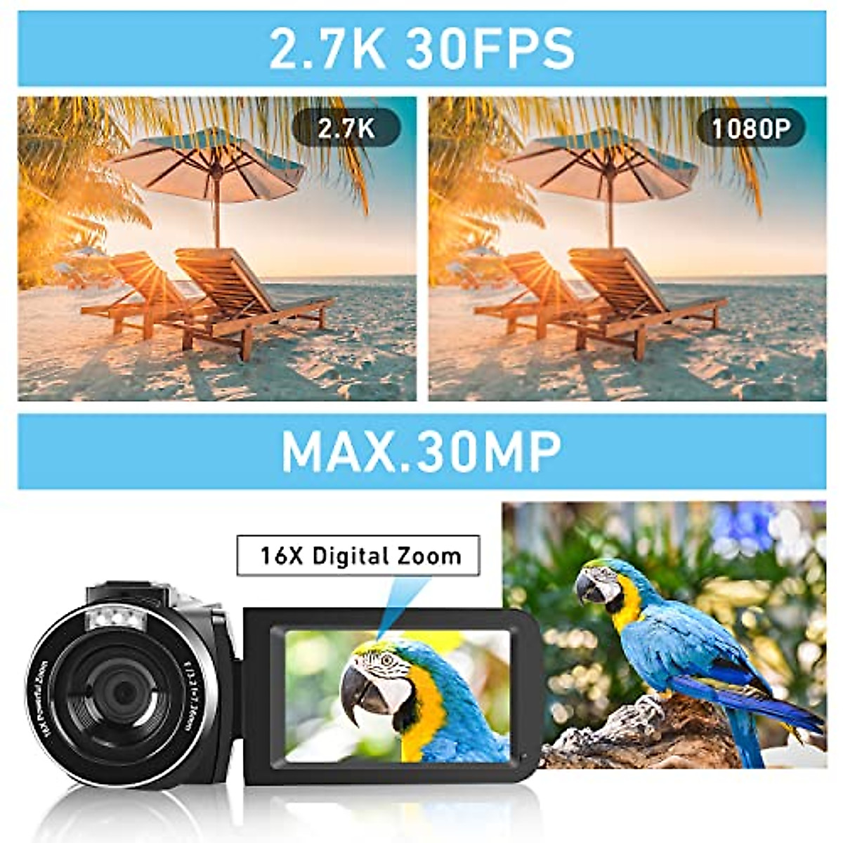ZOLAMENTE Video Camera, Camcorder 2.7K 30FPS, 16x Digital Zoom YouTube Camera, Infrared IR Night Vision Camcorder Camera, 3.0" 270° Rotating Screen LED Vlogging Camera