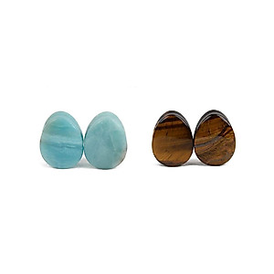 NewZenro Amazonite Tiger Eye Teardrop Ear Gauges Plugs Tunnels Stretcher Expanders Natural Organic Stones Double Flared Earrings Piercing Jewelry (7/8"(22mm)