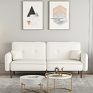 DAMAIFROM 75'' Modern Fabric Futon Sofa Bed Convertible Sleeper Sofa Couch with Tapered Wood Legs and Adjustable Back, with Two Pillows for Living Room & Bedroom(White)