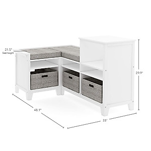 Martha Stewart Kids' Corner Nook - Creamy White: Wooden Storage Bench Bookcase Organizer with Seat Cushion and Fabric Bins for Reading in Bedroom or Playroom