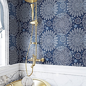 ReWallpaper Peel and Stick Wallpaper Boho Blue Bohemian Mural Wallpaper Stick & Peel Contact Paper for Walls 17.5in x 10ft Large Navy Floral Wall Paper Roll for Bedroom Bathroom Nursery Aesthetic