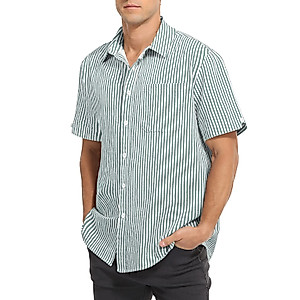 TUREFACE Green Shirt for Men Casual Button Down Short Sleeve Stripes Banded Collar Summer Shirt Lightweight Relaxed Fit