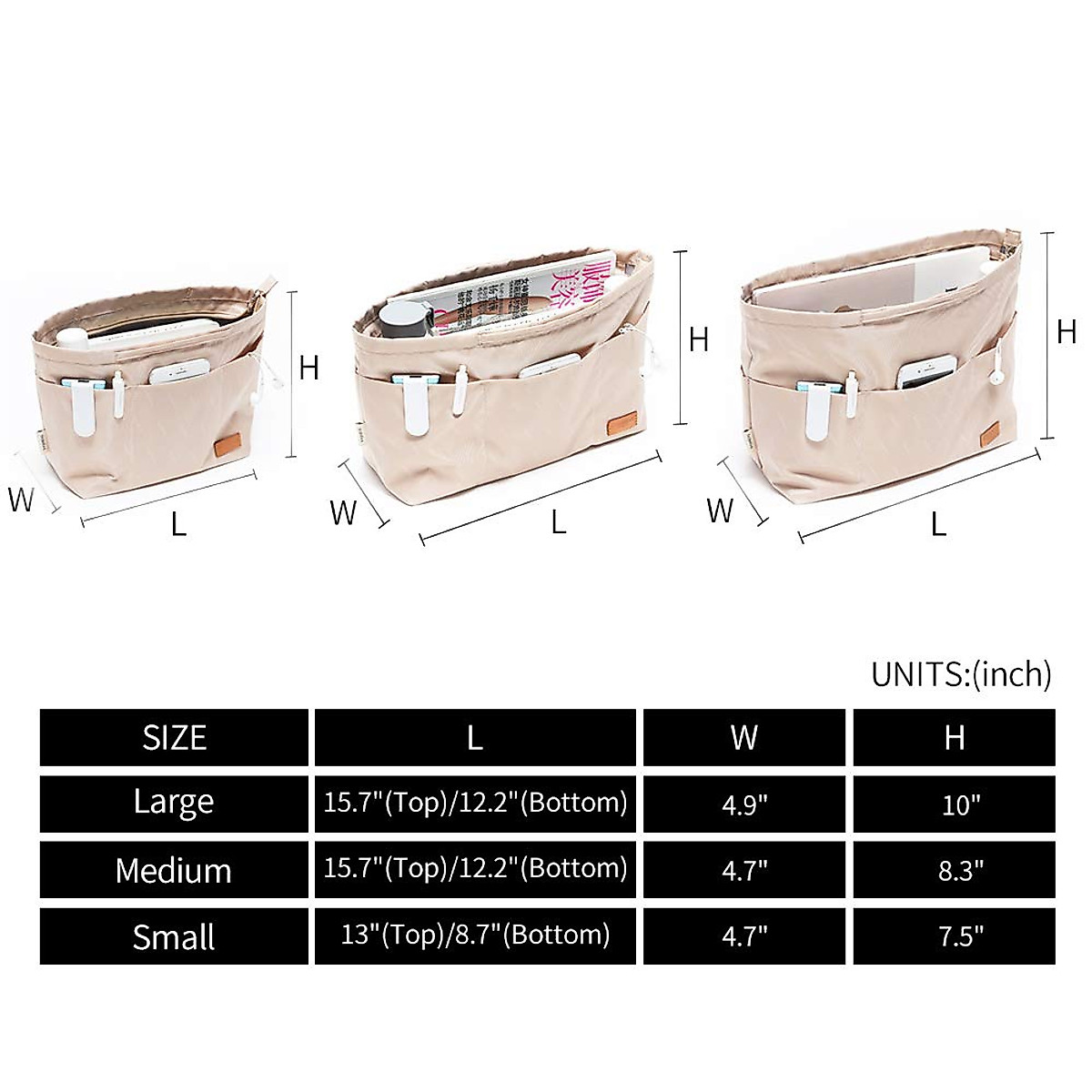 iN. Purse Organizer Insert with zipper Nylon fabric for women Handbags & Totebag beige Size: Large: 15.7"(Top)/12.2"(Bottom) L × 4.9" W × 10" H