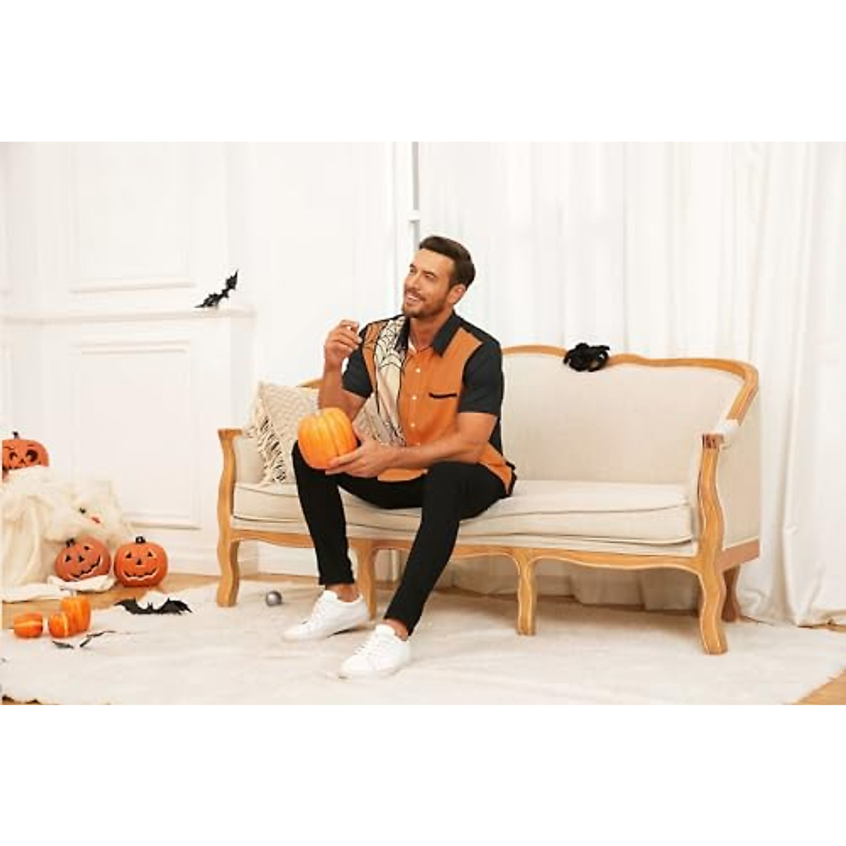 Funny Halloween Shirts for Men Adult Scary Button Up Halloween Bowling Shirts