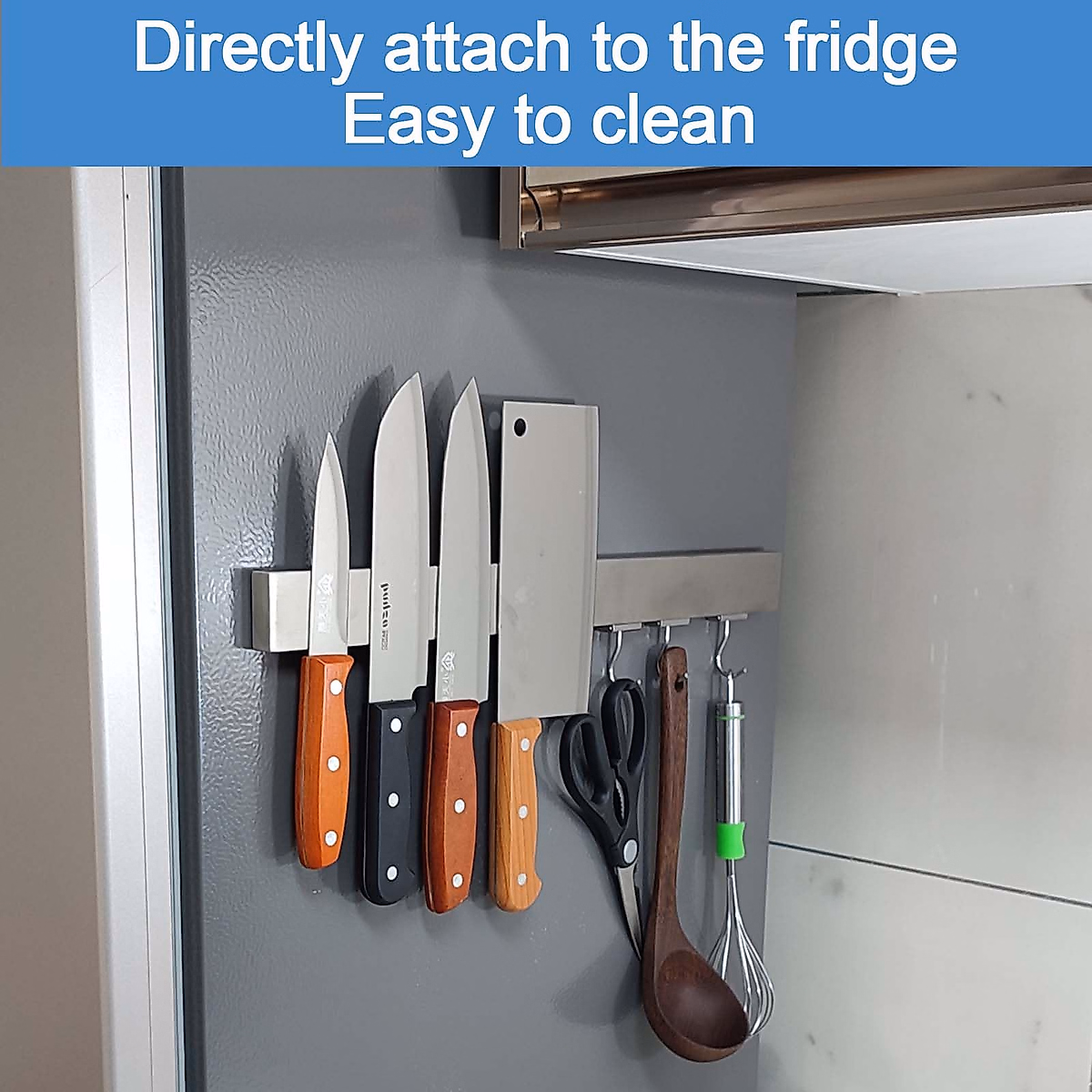 HomeSimplex 16 Inch Magnetic Knife Holder for Refrigerator - Knife Magnetic Strip for Fridge with Magnetic Hooks - Double Sided Magnetic Knife Bar - Stainless Steel Kitchen Magnetic Knife Hanger Rack