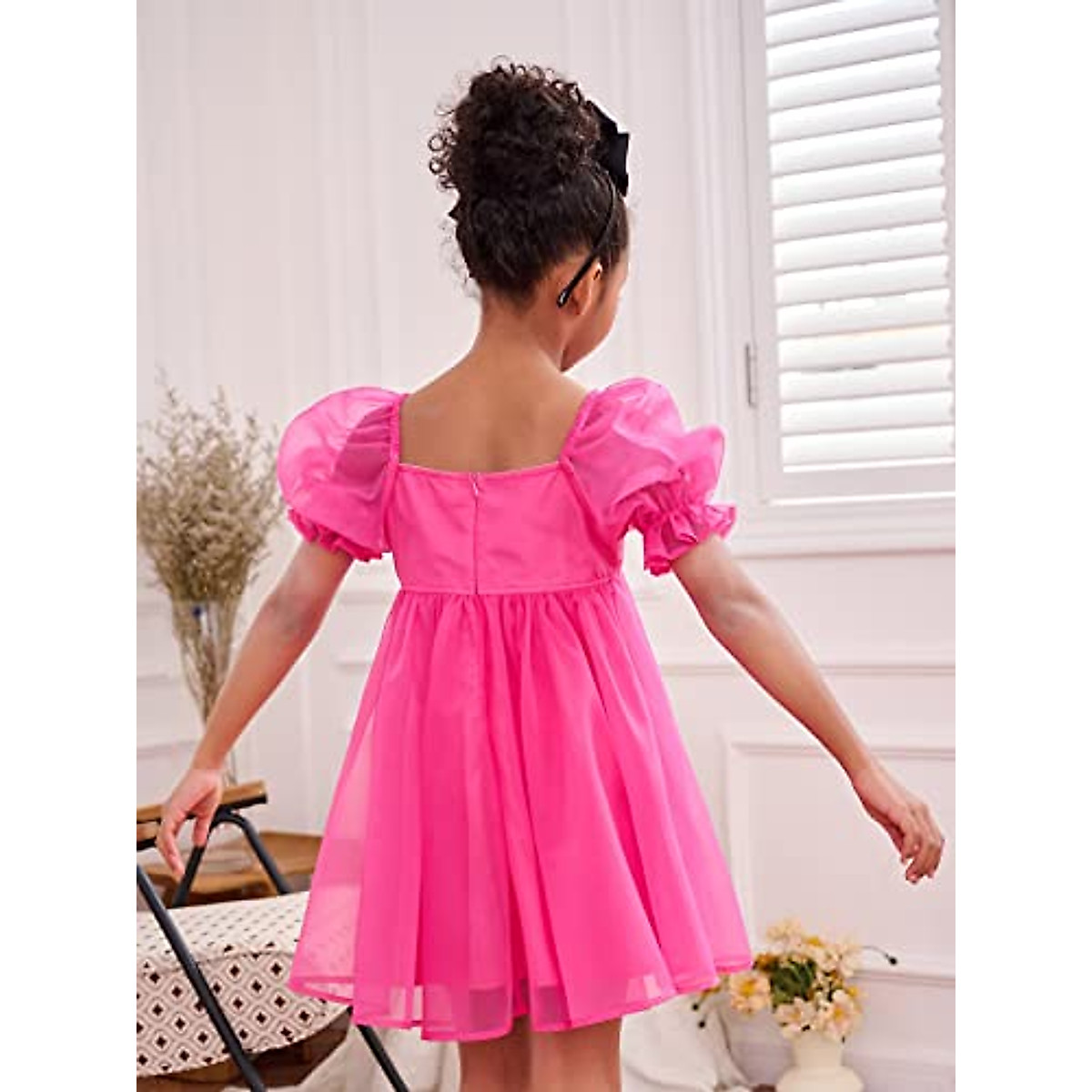 Verdusa Girl's Puff Short Sleeve Square Neck Mesh Short A Line Swing Dress Hot Pink 10Y