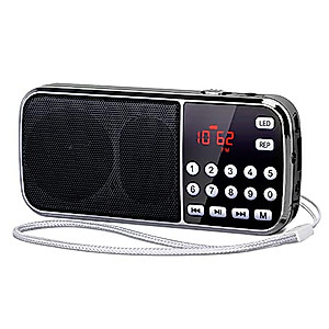 PRUNUS J-189 Bluetooth AM FM Radio, Small Portable Radio - Dual Speaker Heavy Bass, LED Flashlight, Pocket Size, TF Card USB AUX MP3 Player, Rechargeable Battery Operated Small Radio(Black)