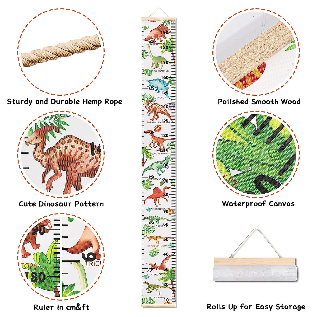 HIFOT Kids Dinosaur Growth Chart Height Measuring Chart, Canvas Wall Hanging Rulers for Baby Children Kids Boys Bedroom Decor