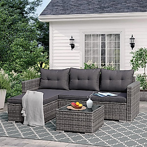 OC Orange-Casual 3-Piece Patio Furniture Set, All-Weather Outdoor Sectional Sofa Set, Wicker Loveseat Lounge Couch with Glass Coffee Table for Deck Balcony, Gradient Grey Rattan, Dark Grey Cushion