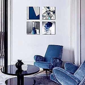 Oilpa Art Blue Abstract Wall Art Blue and White for Living Room Decor 12x12 Modern Gray Abstract 3D Geometric Canvas Print Picture Framed Artwork Bathroom Bedroom Home Decor 4 Pieces