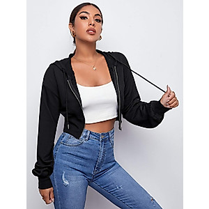 WDIRARA Women's Drop Shoulder Zip Up Drawstring Hoodie Black XL