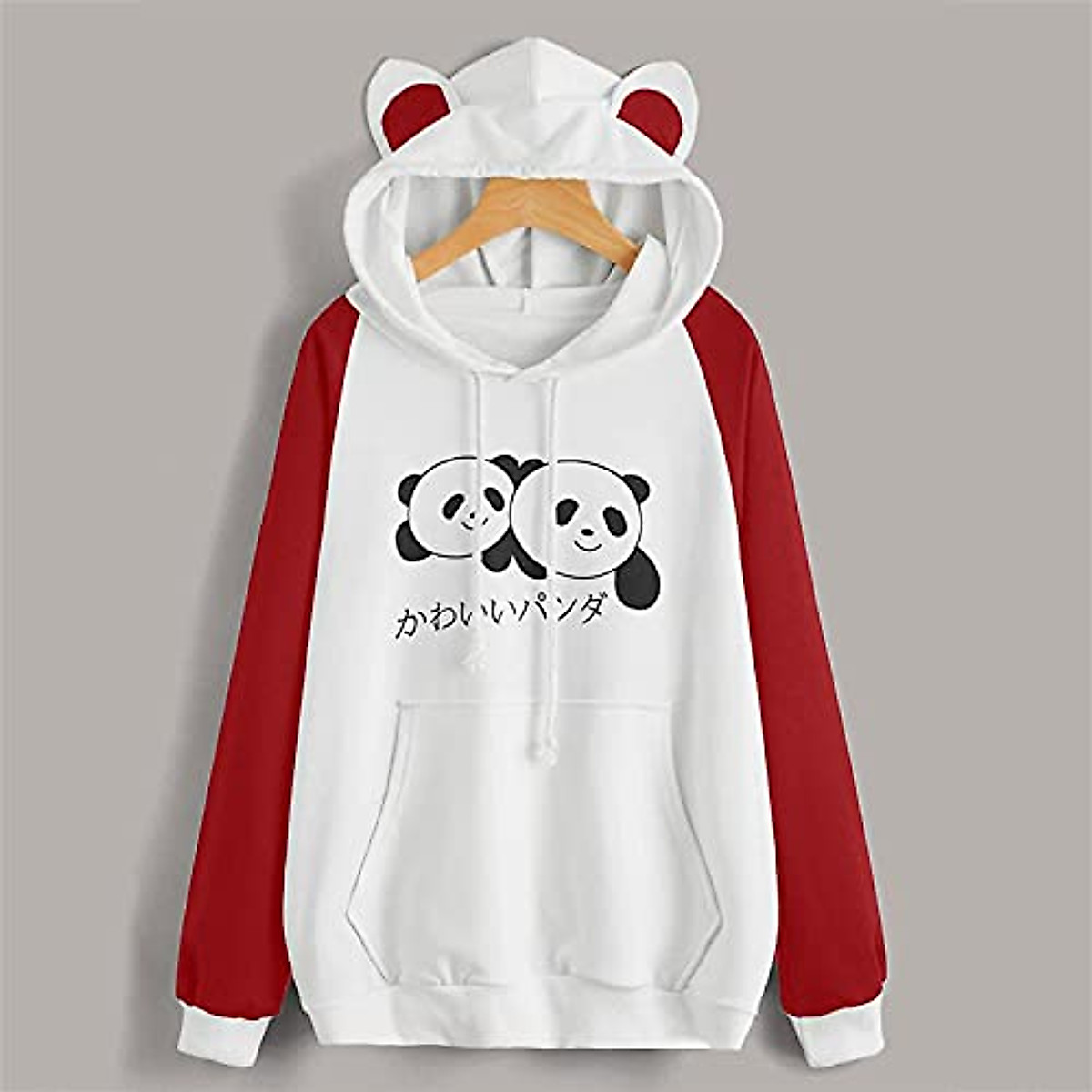 Winnerlion Hoodies Sweatershirts for Women's Casual Ear Loose Long Sleeved Panda Printed Hooded Pullover Top (Red, XL)